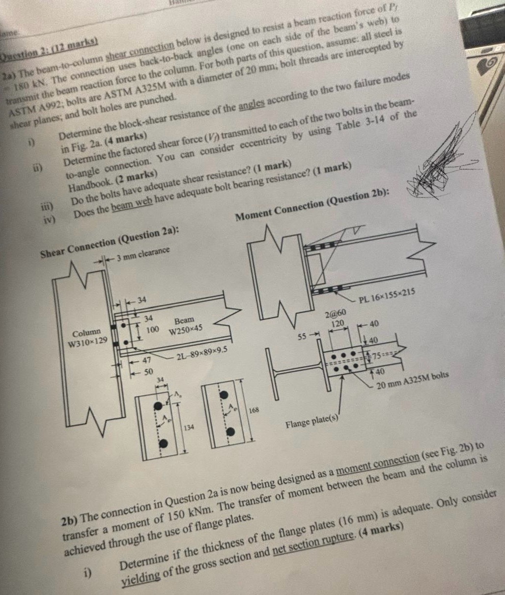 Solved Qacstion 2: 12 ﻿marks)2.) ﻿The beam-to-olumn shear | Chegg.com
