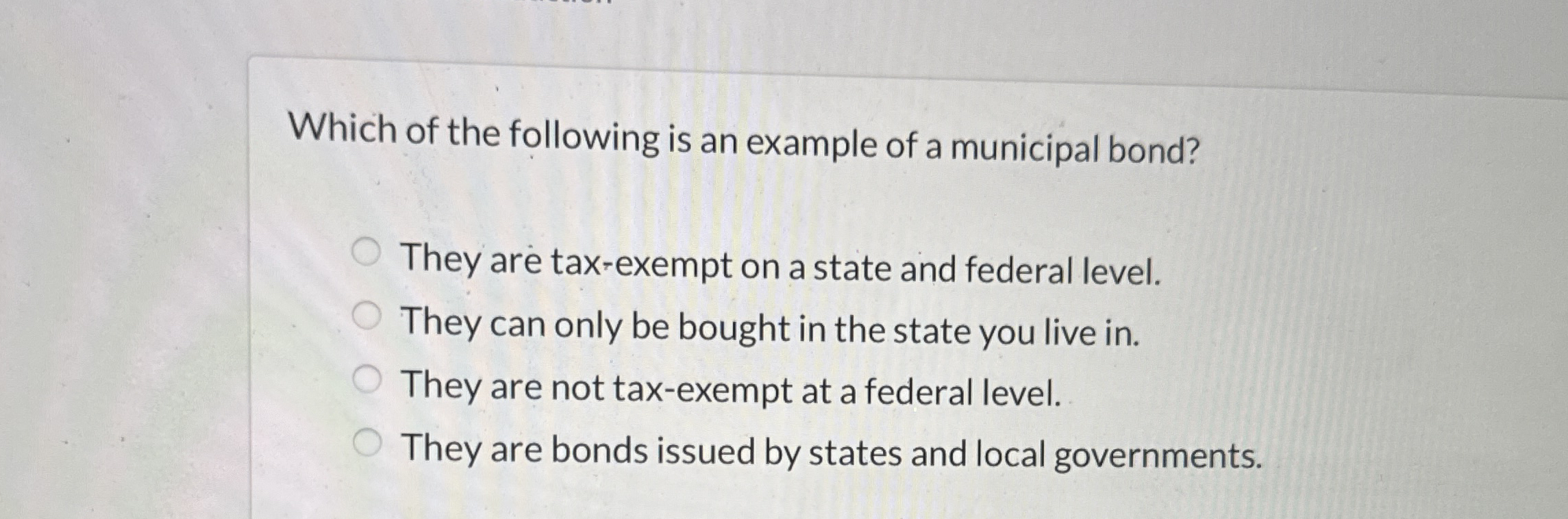 Solved Which of the following is an example of a municipal | Chegg.com