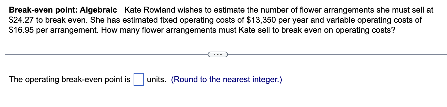 Solved Break-even point: Algebraic Kate Rowland wishes to | Chegg.com Solved Break-even point: Algebraic Kate Rowland wishes to | Chegg.com