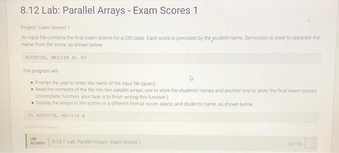 Solved 8.12 Lab: Parallel Arrays - Exam Scores 1 Project | Chegg.com