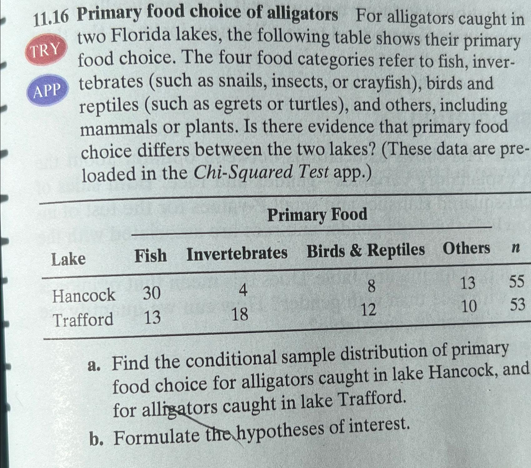 Solved 11.16 ﻿Primary food choice of alligators For | Chegg.com