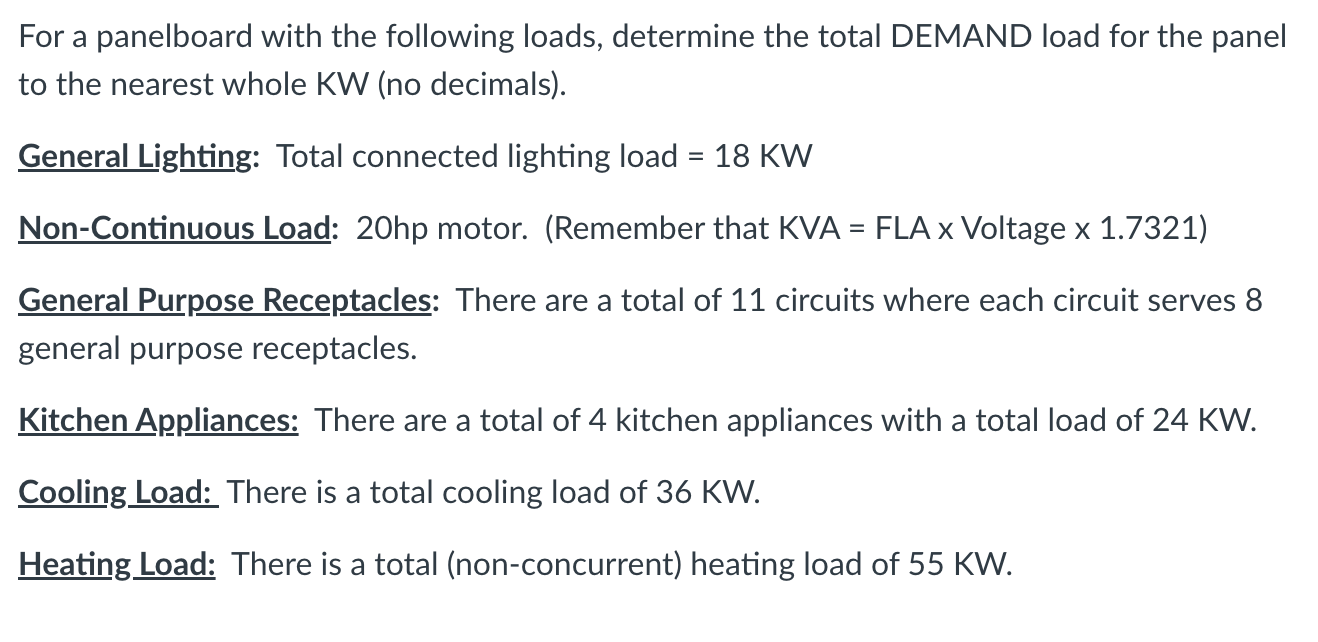 Solved For a panelboard with the following loads, determine | Chegg.com