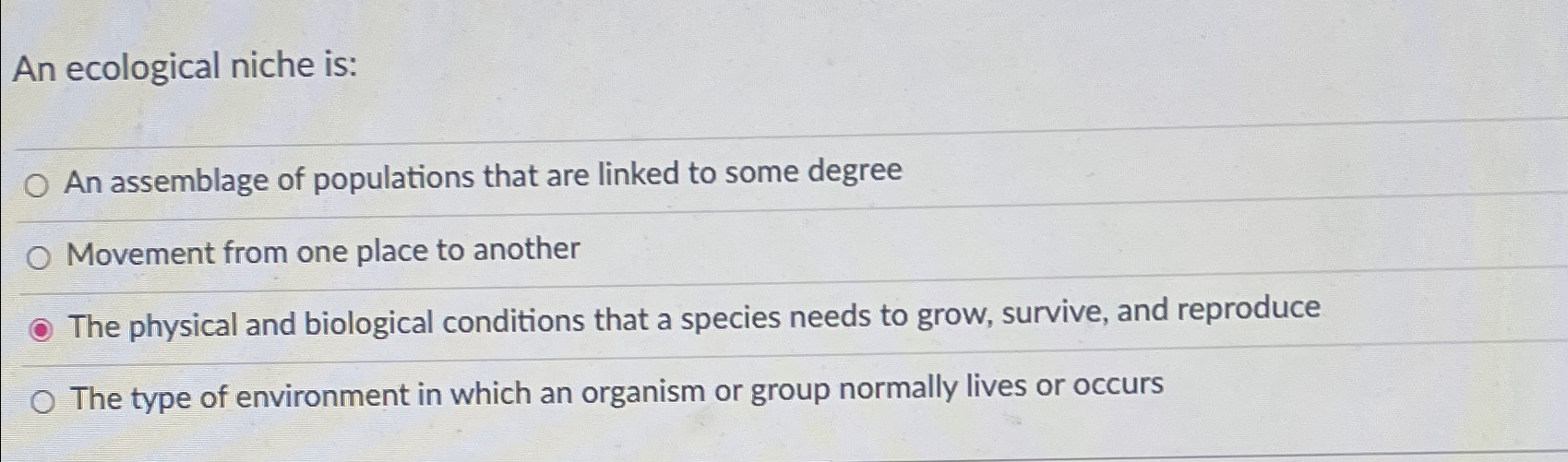 Solved An ecological niche is:An assemblage of populations | Chegg.com