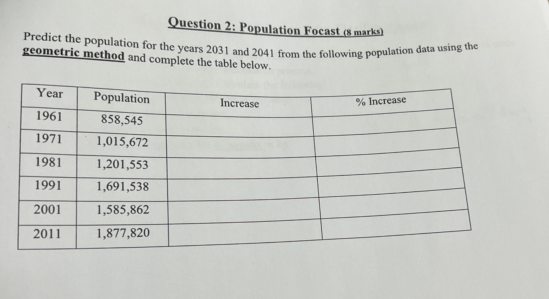 Solved Question 2: Population Focast (8 ﻿marks)Predict the | Chegg.com