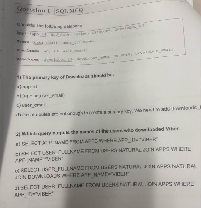 Solved 1) The primary key of Downloads should be: a) app_id | Chegg.com