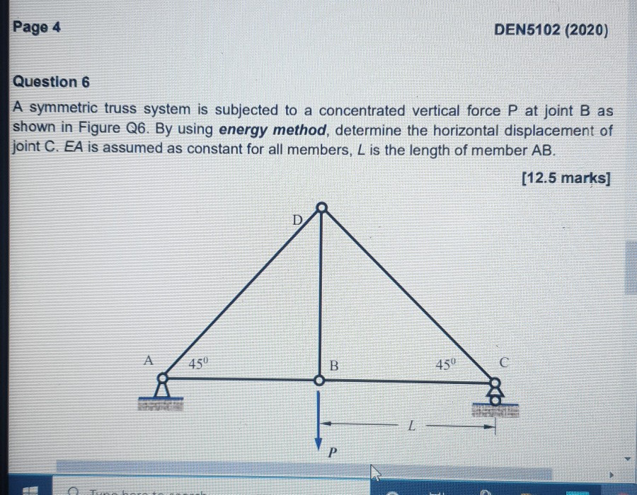 Solved Page 4 DEN5102 (2020) Question 6 A symmetric truss | Chegg.com