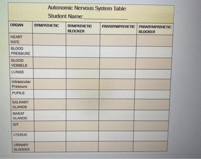 Autonomic Nervous System Table Student Name: | Chegg.com
