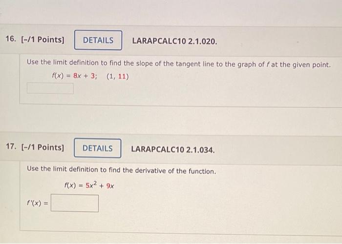 Solved 16. [-/1 Points) DETAILS LARAPCALC10 2.1.020. Use the | Chegg.com