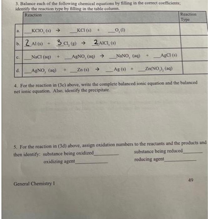 Solved 3. Balance each of the following chemical equations | Chegg.com