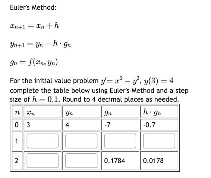 Solved Euler's Method: xn+1=xn+hyn+1=yn+h⋅gngn=f(xn,yn) For | Chegg.com