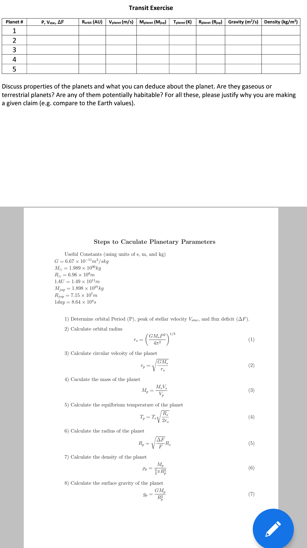 Solved Transit Exercise Discuss properties of the planets | Chegg.com