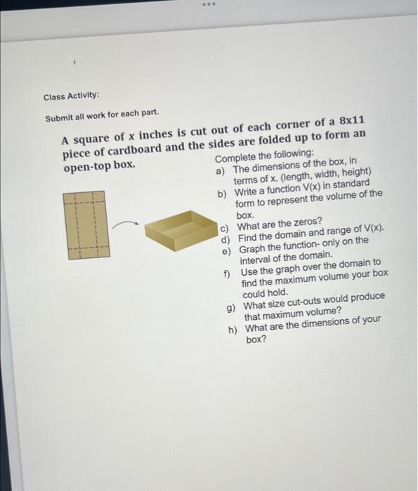 Solved Submit all work for each part. A square of x inches | Chegg.com