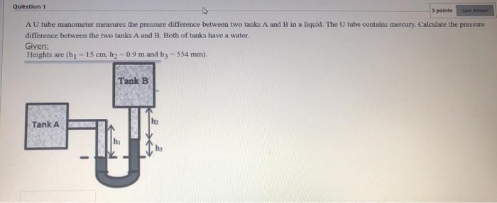 Solved Question 1 3 points A U tube minometer measures the | Chegg.com