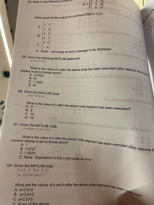 Solved Q4, Refer to the following matrix wit M=⎣⎡147258369⎦⎤ | Chegg.com