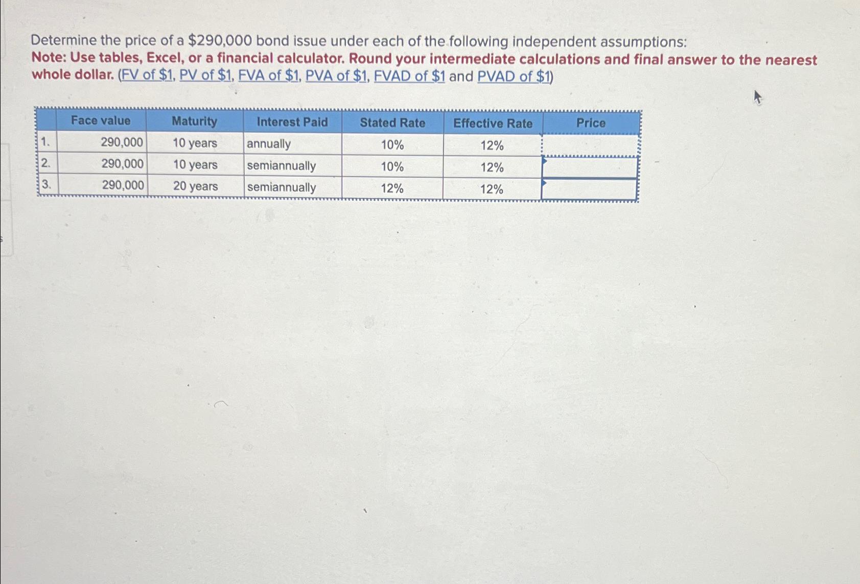 Solved Determine the price of a $290,000 ﻿bond issue under | Chegg.com