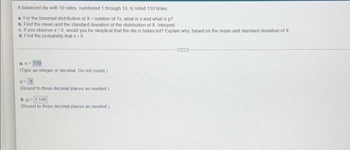 Solved A balanced die wth 10 sides, numbered 1 through 10, | Chegg.com