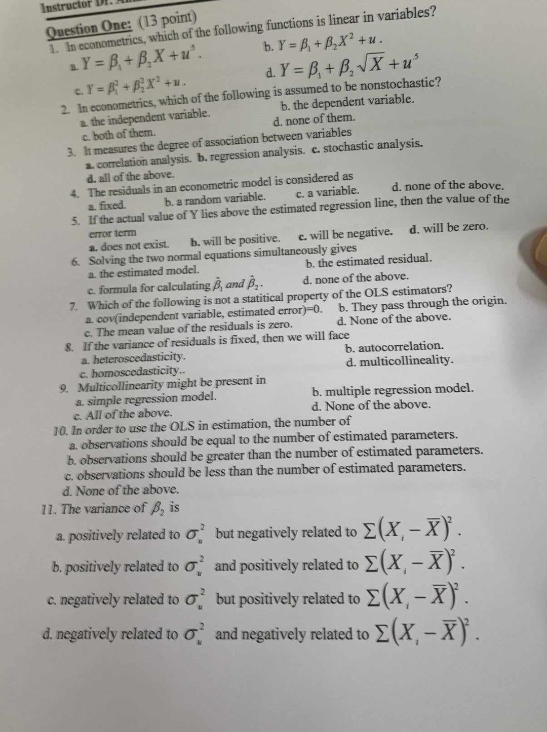 Solved Question One: (13 ﻿point)In econometrics, which of | Chegg.com
