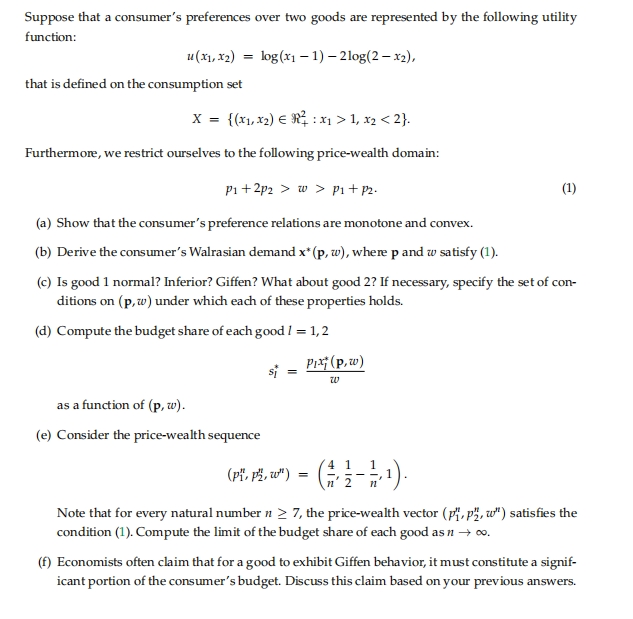 Solved Suppose that a consumer's preferences over two goods | Chegg.com