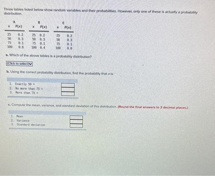 Solved Three tables listed below show random variables and | Chegg.com