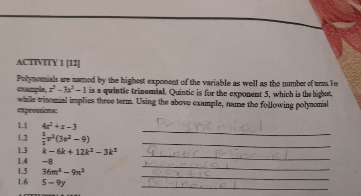 Solved ACTIVITY 1 [12]Polyomials are named by the highest | Chegg.com
