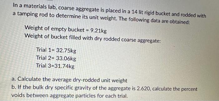 Solved In a materials lab, coarse aggregate is placed in a | Chegg.com