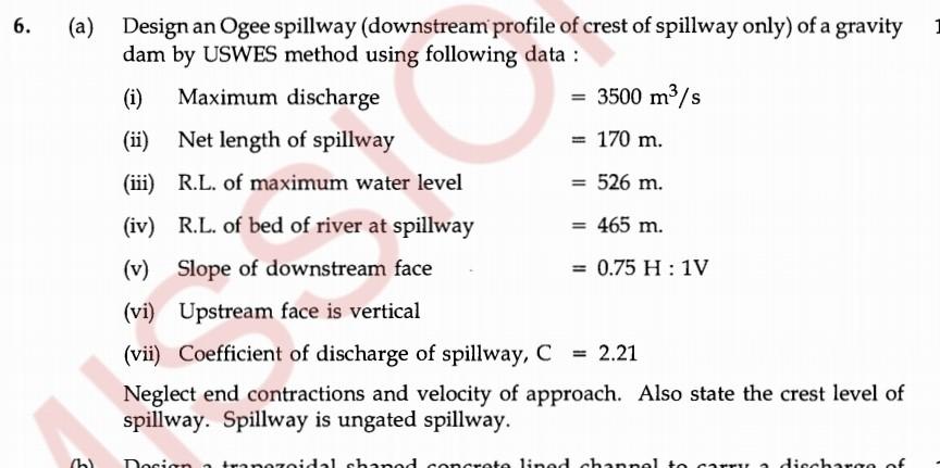 Solved (a) Design an Ogee spillway (downstream profile of | Chegg.com