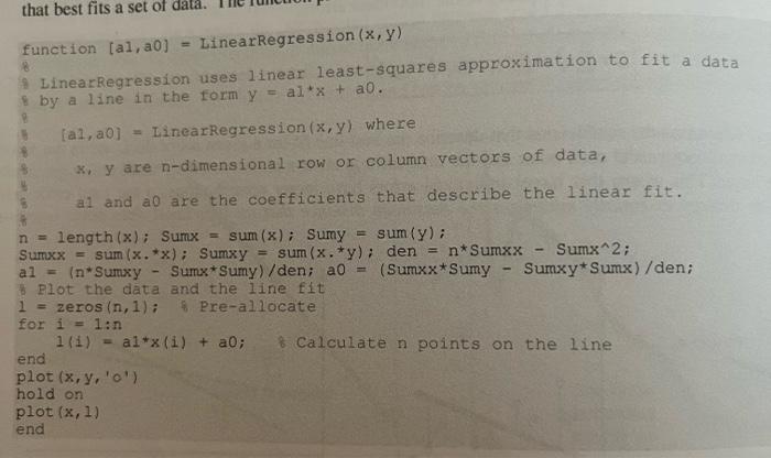 Solved function [a1,a0]= LinearRegression (x,y) | Chegg.com
