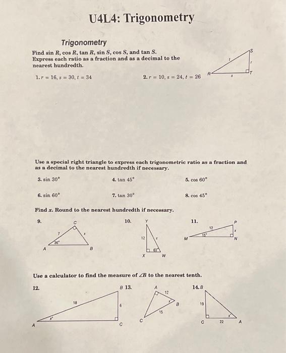 Solved U4L4: Trigonometry Trigonometry Find | Chegg.com