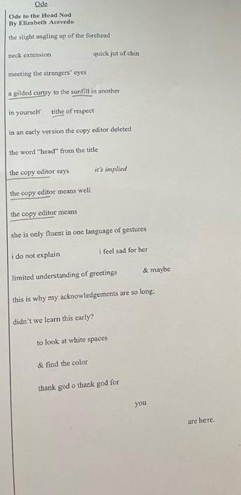 Ode to the Head Nod By Elizabeth Acevedo the slight | Chegg.com