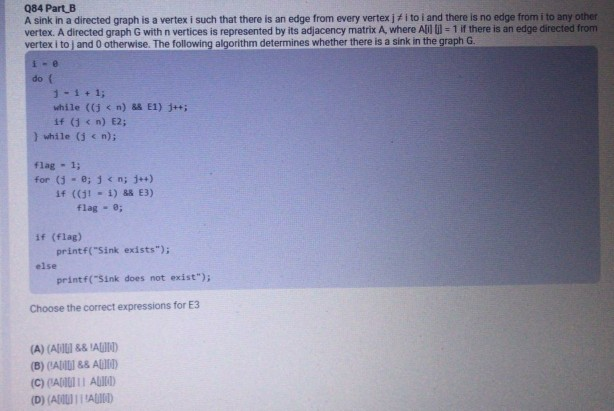 Solved Q84 Part_B A sink in a directed graph is a vertex i | Chegg.com
