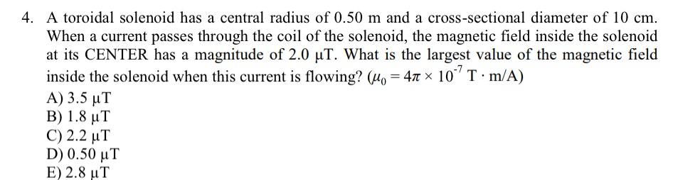 Solved A toroidal solenoid has a central radius of 0.50m | Chegg.com