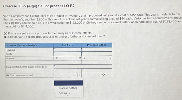 Solved Exercise 23-5 (Algo) Sell or process LO P2 Varto | Chegg.com