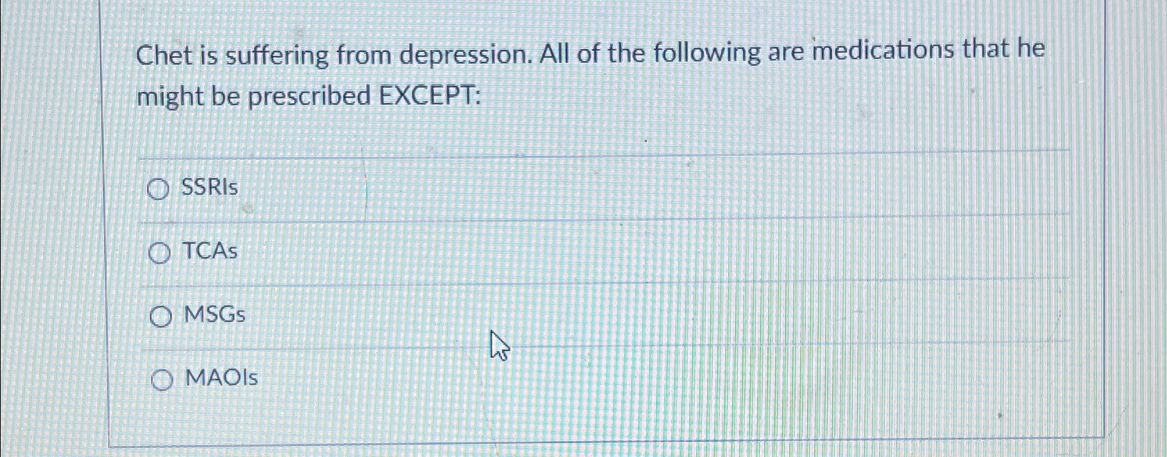 Solved Chet is suffering from depression. All of the | Chegg.com
