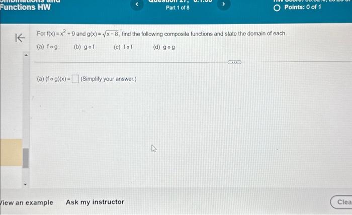 Solved For f(x)=x2+9 and g(x)=x−8, find the following | Chegg.com