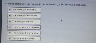 Solved Which statements are true about the expression y+9? | Chegg.com