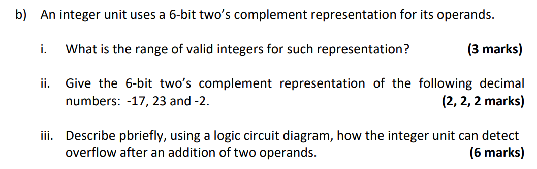 Solved b) ﻿An integer unit uses a 6-bit two's complement | Chegg.com