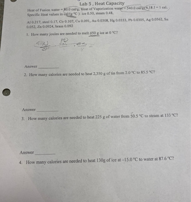 Solved Lab 5, Heat Capacity Heat of Fusion water - 80.0 | Chegg.com