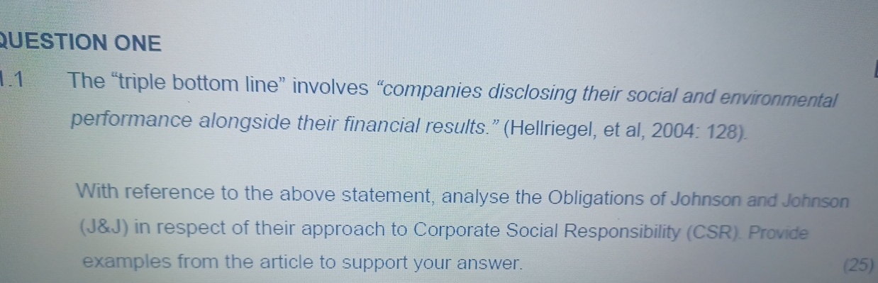 Solved QUESTION ONE1.1 ﻿The "triple bottom line" involves | Chegg.com