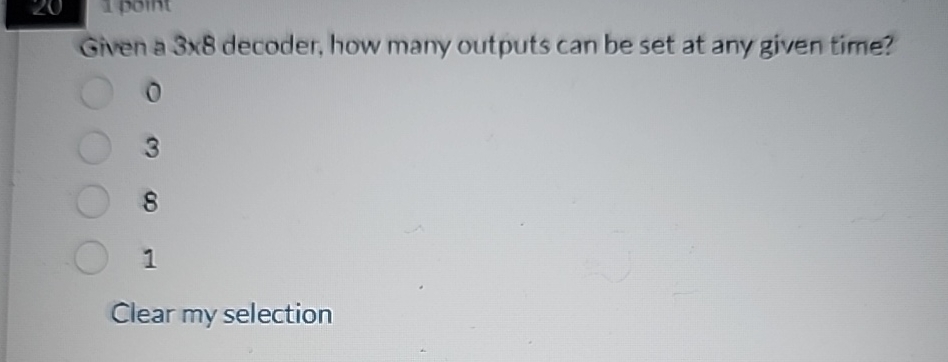 Solved Given a 3×8 ﻿decoder, how many outputs can be set at | Chegg.com
