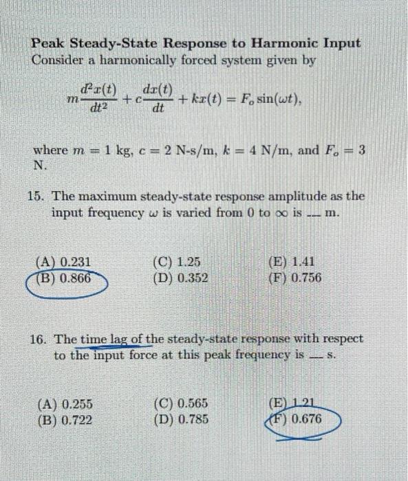 Solved Peak Steady-State Response to Harmonic Input Consider | Chegg.com