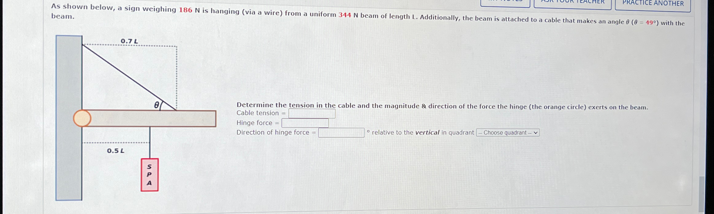 Solved beam.Determine the tension in the cable and the | Chegg.com