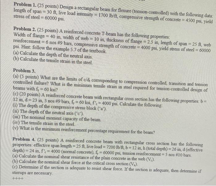 Solved Problem 1. ( 25 points) Design a rectangular beam for | Chegg.com