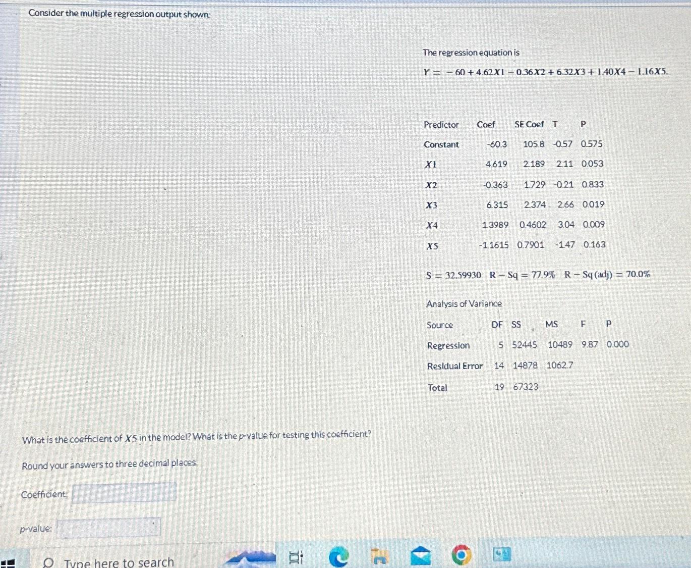 Solved Consider the multiple regression output shown:The | Chegg.com
