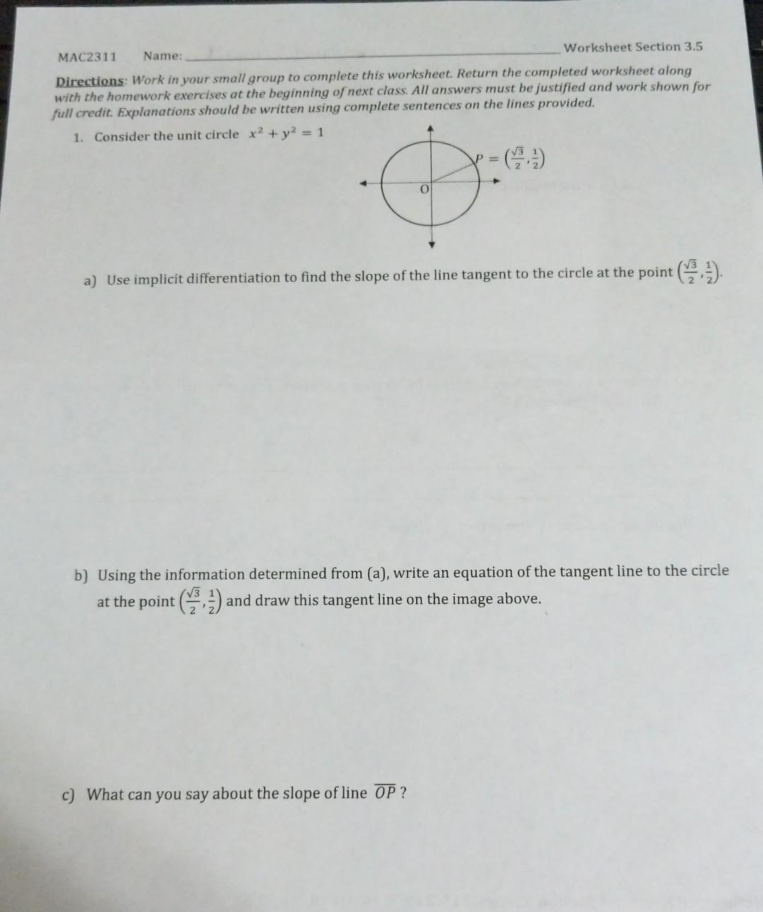 Solved Worksheet Section 3.5 MAC2311 Name: Directions: Work | Chegg.com