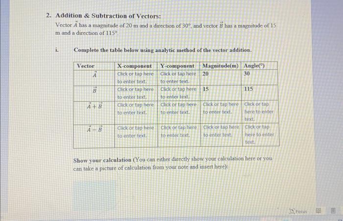 Solved 2. Addition \& Subtraction of Vectors: Vector A has a | Chegg.com