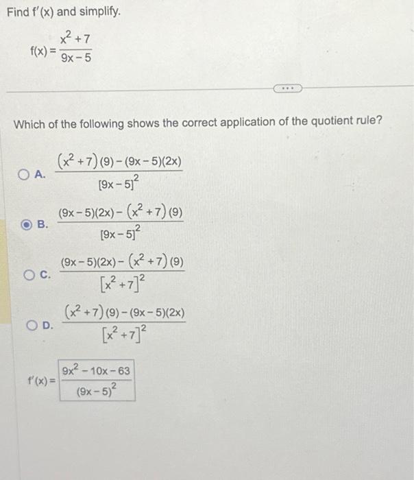Solved Find F′ X And Simplify F X 9x−5x2 7 Which Of The