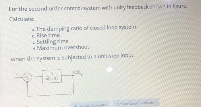 Solved a For the second order control system with unity | Chegg.com