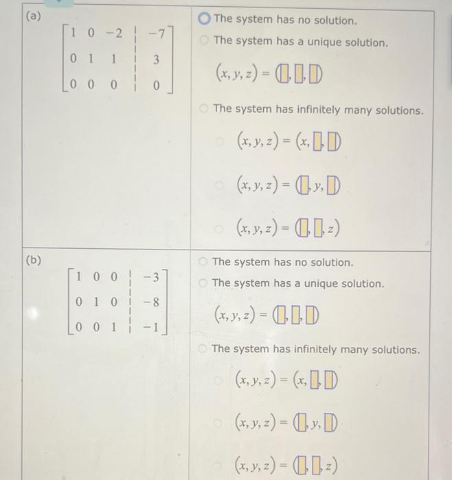 Solved The system has no solution. ⎣⎡100010−210−730⎦⎤ The | Chegg.com