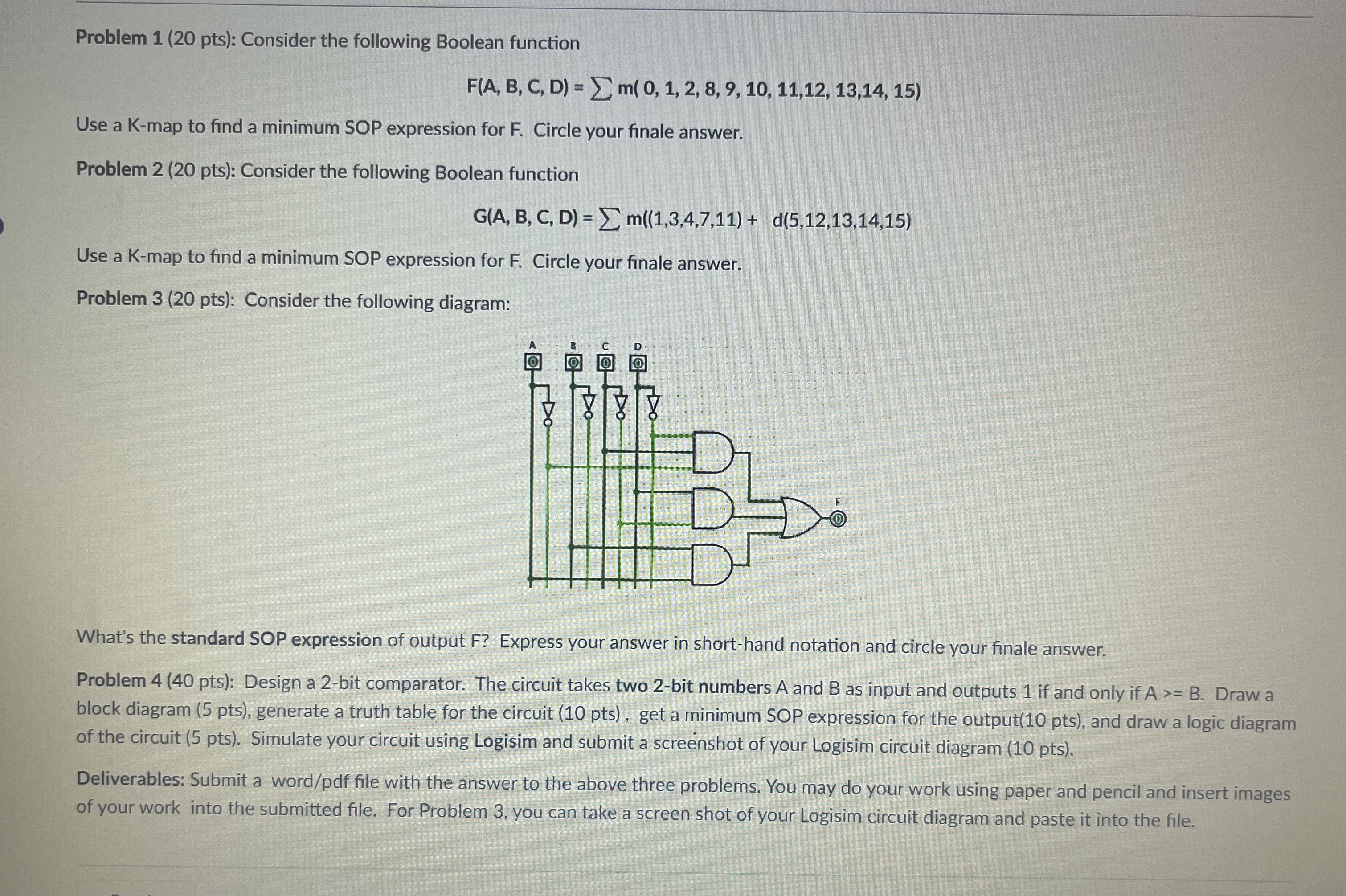 Problem 1 (20 pts): Consider the following Boolean | Chegg.com