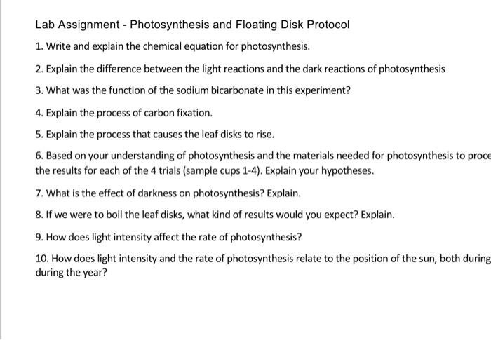 Solved Lab Assignment - Photosynthesis and Floating Disk | Chegg.com